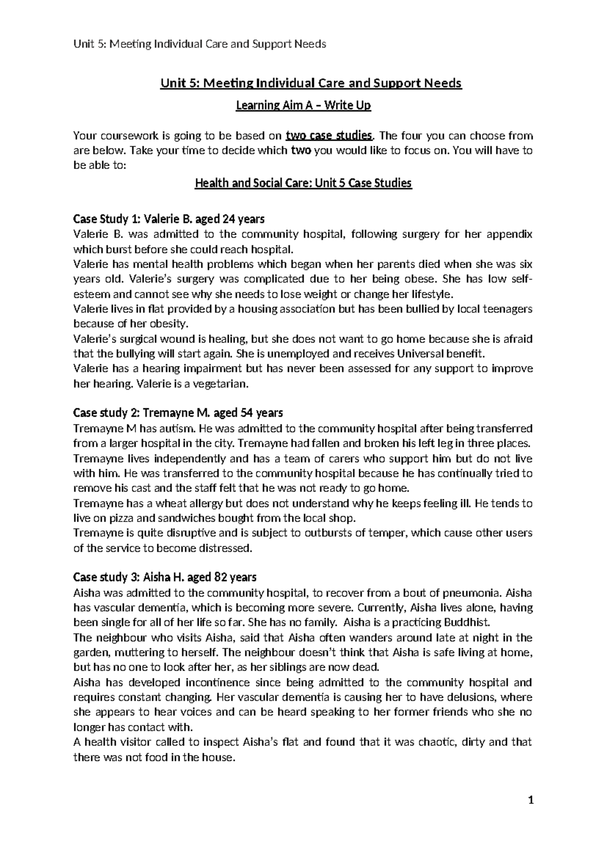 Unit 5: Updated Task Sheets for Health & Social Care 2023 LAC - Studocu