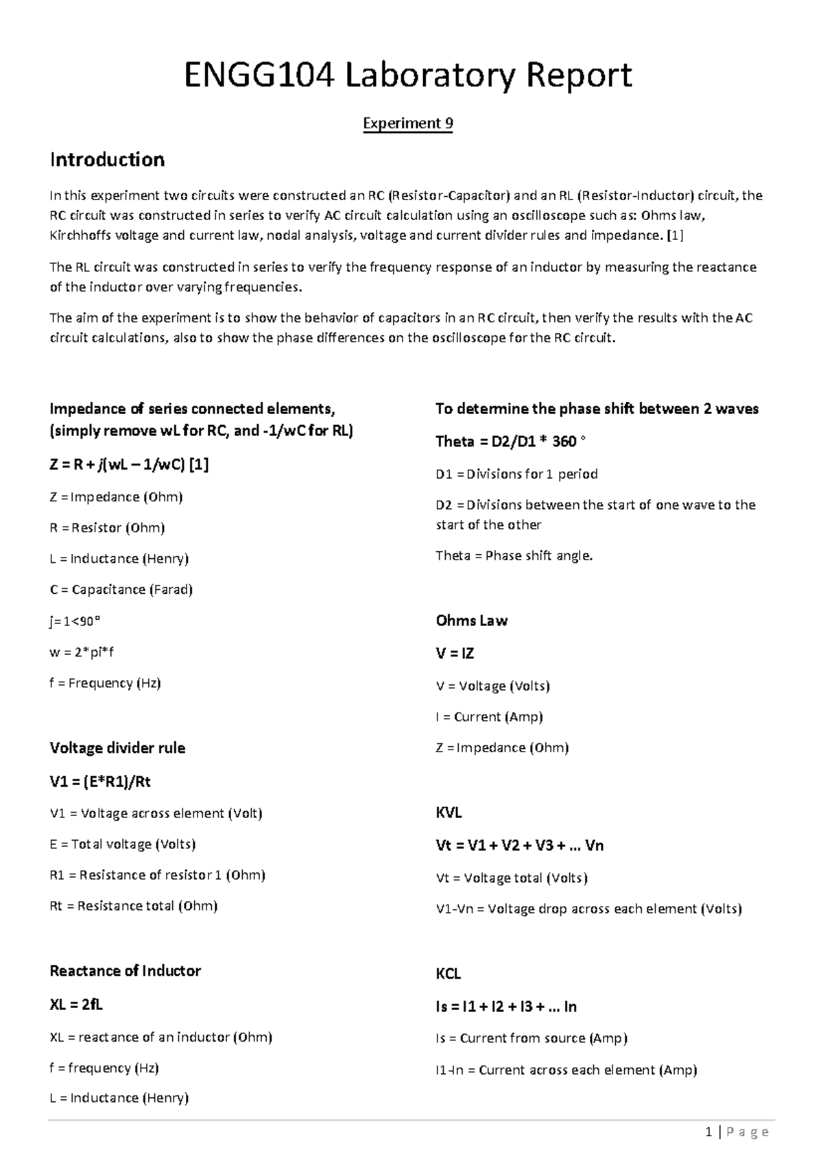 Experiment 9 - Lab Report on RL & RC Circuits (ENGG104) - Studocu