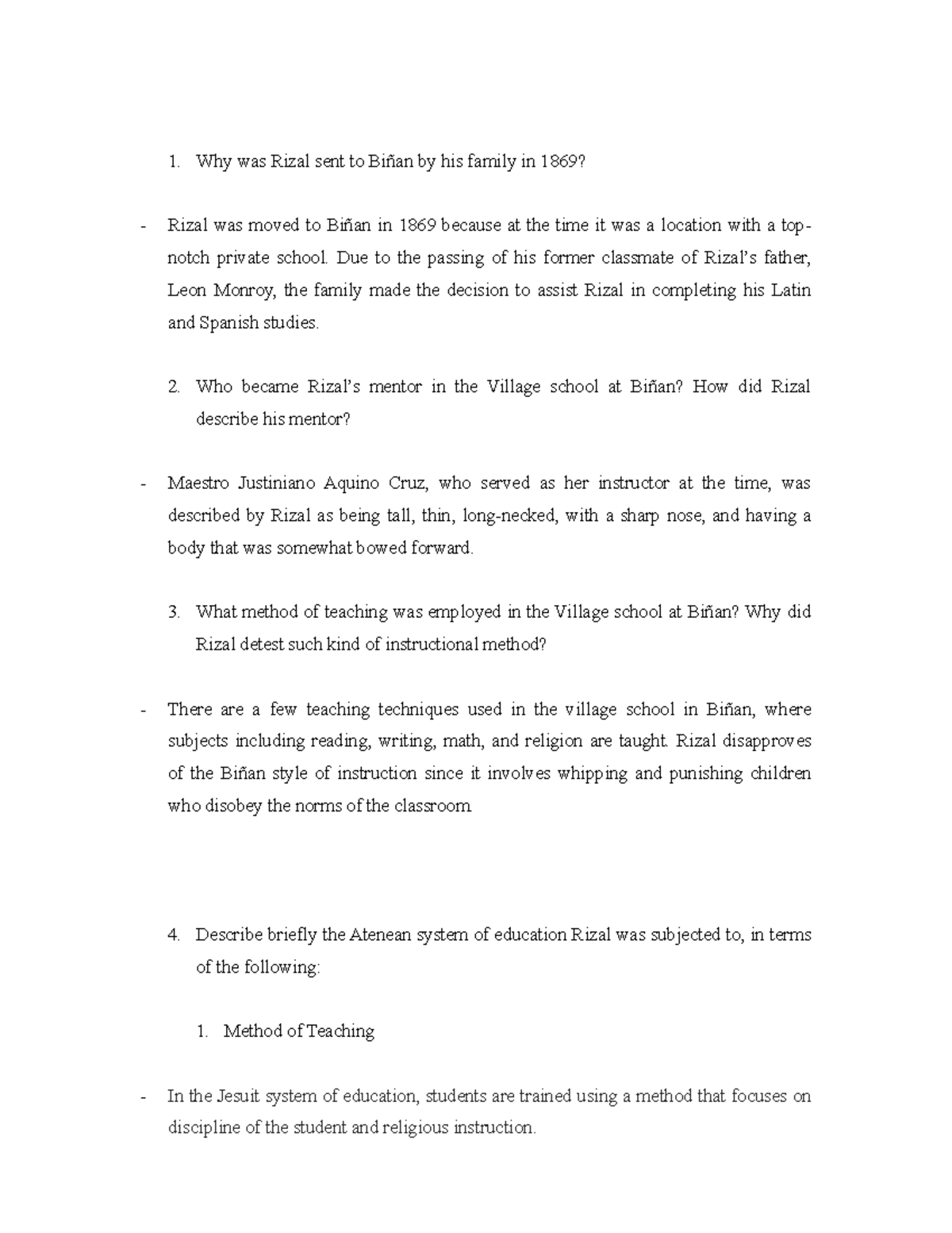 Activity 3: Rizal's Education in Biñan and Ateneo Insights - Studocu