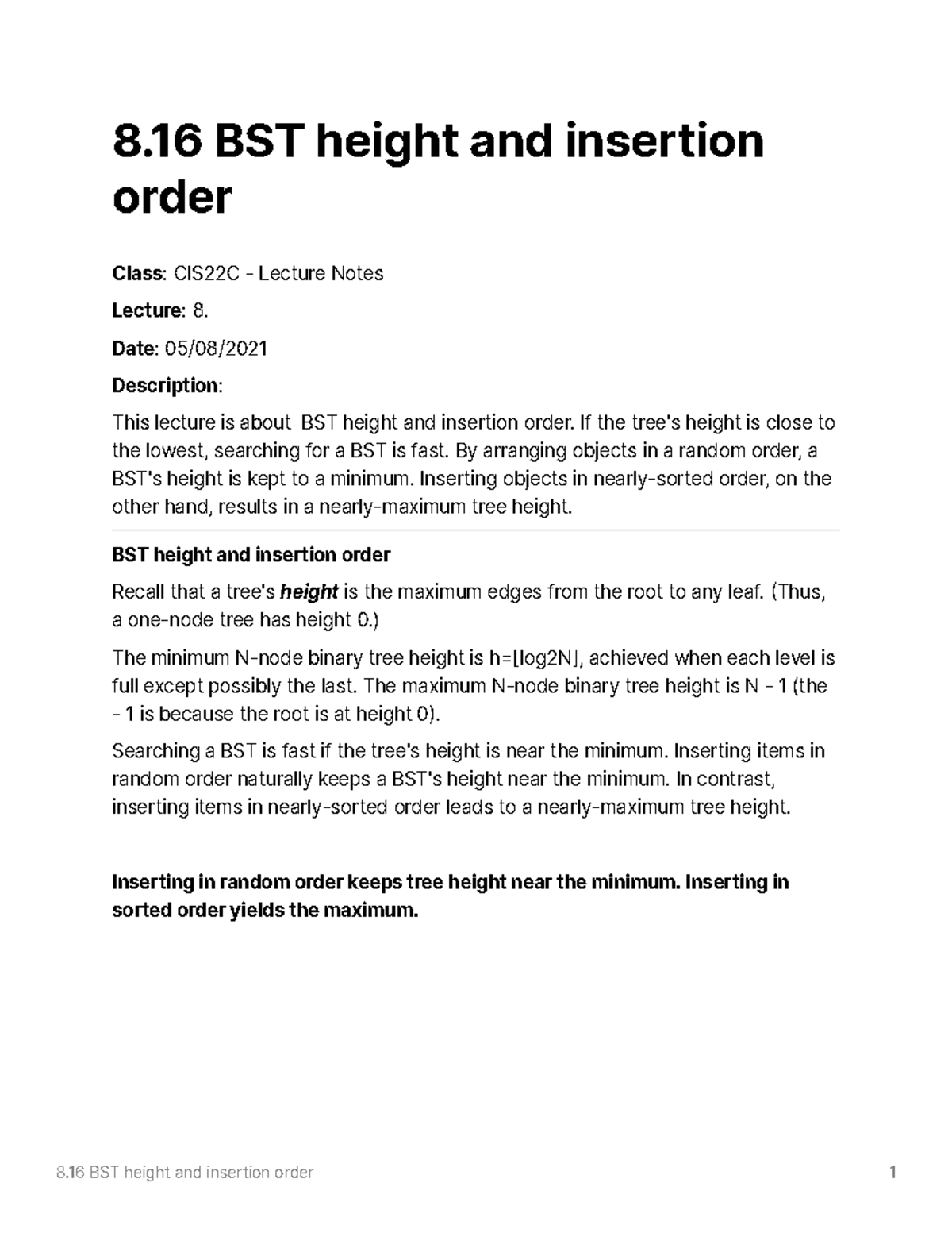 8.16 BST height and insertion order - 8 BST height and insertion order ...