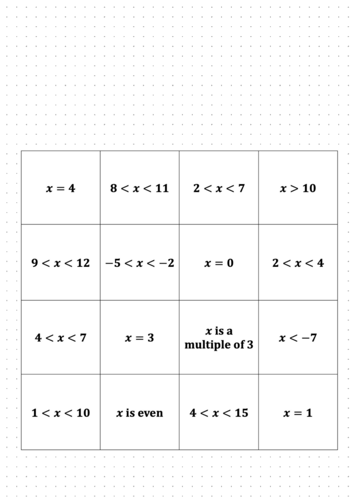 3 Dice Bingo - Rich Task - EDUF1018 - x = 4 = 8