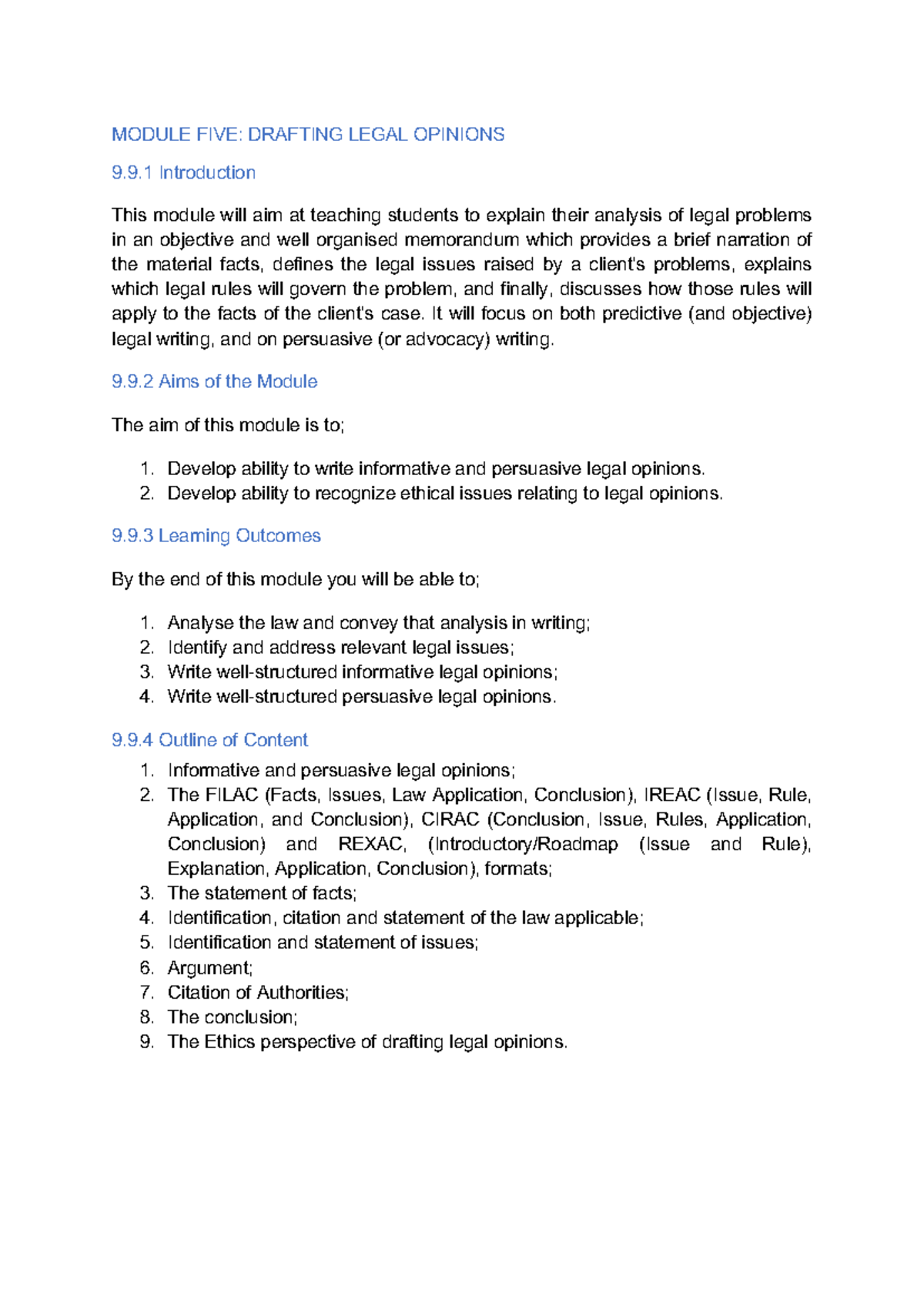 Module 5: Mastering Legal Opinion Drafting and Analysis - Studocu