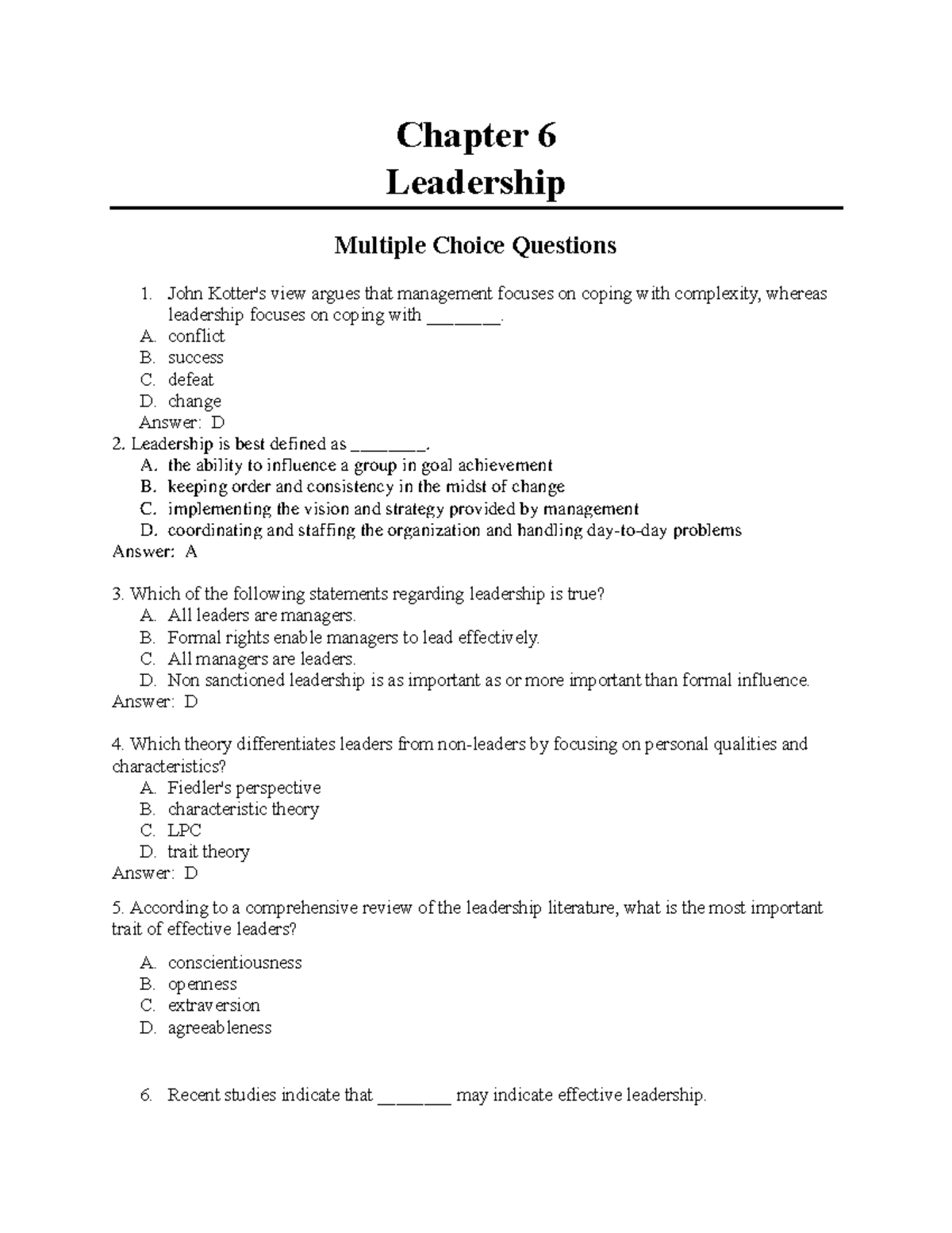 Chapter 6 Leadership - Test Bank MCQs and True/False Questions - Studocu