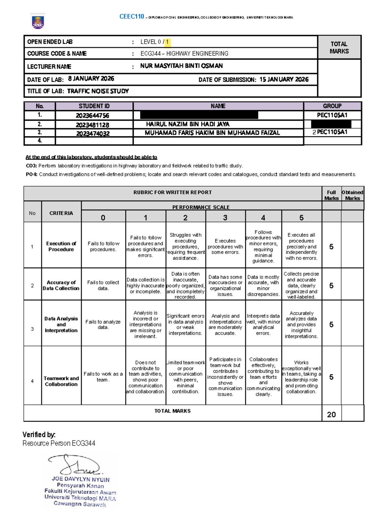 CEEC110 ECG344 Traffic Noise Study Lab Report - UiTM - Studocu