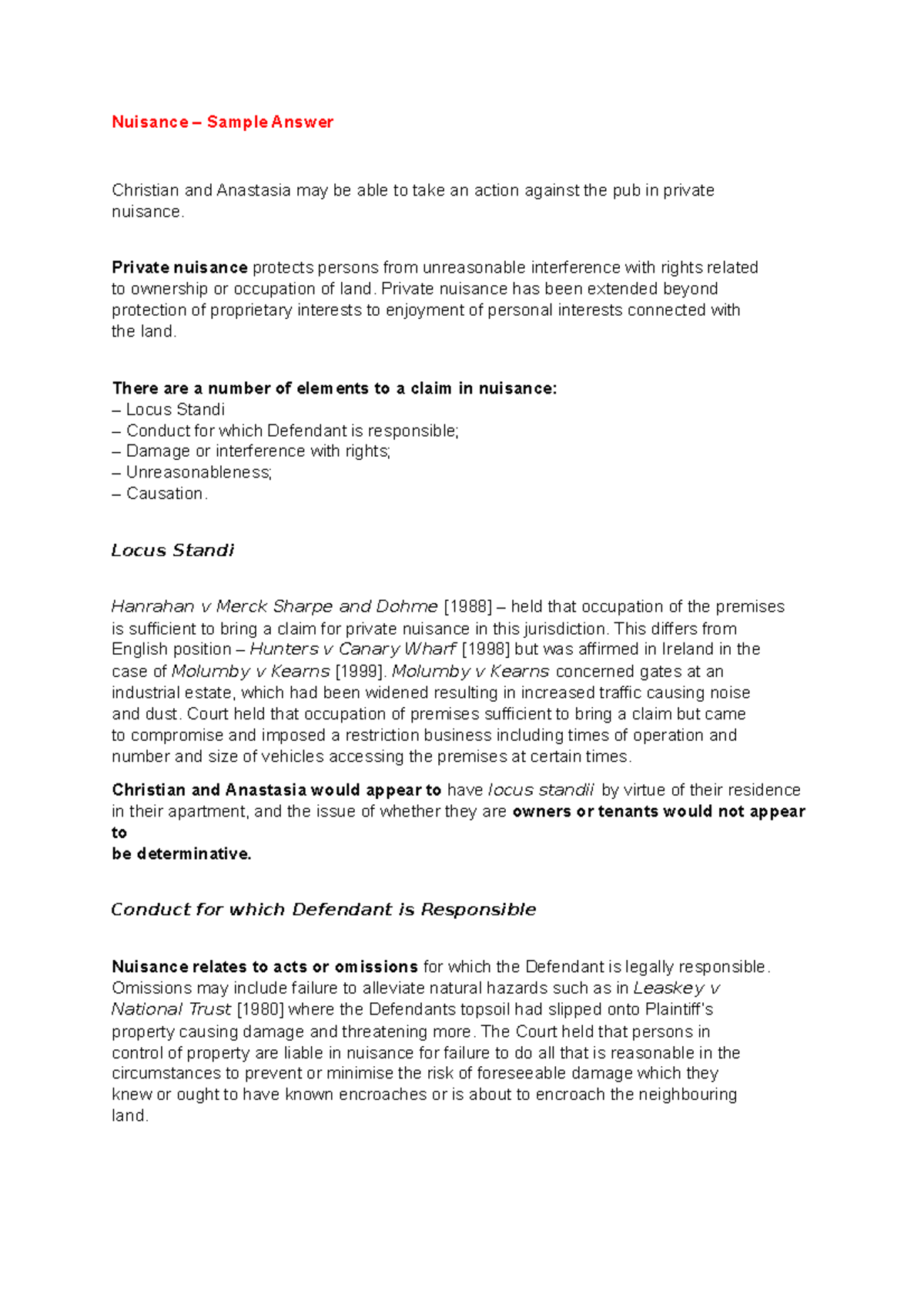 Private Nuisance: Sample Answer for Law Course Code 101 - Studocu