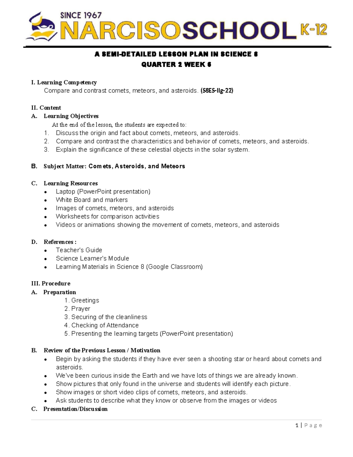 Science 8 Lesson Plan: Comets, Meteors, and Asteroids (2nd Qtr, Week 6 ...