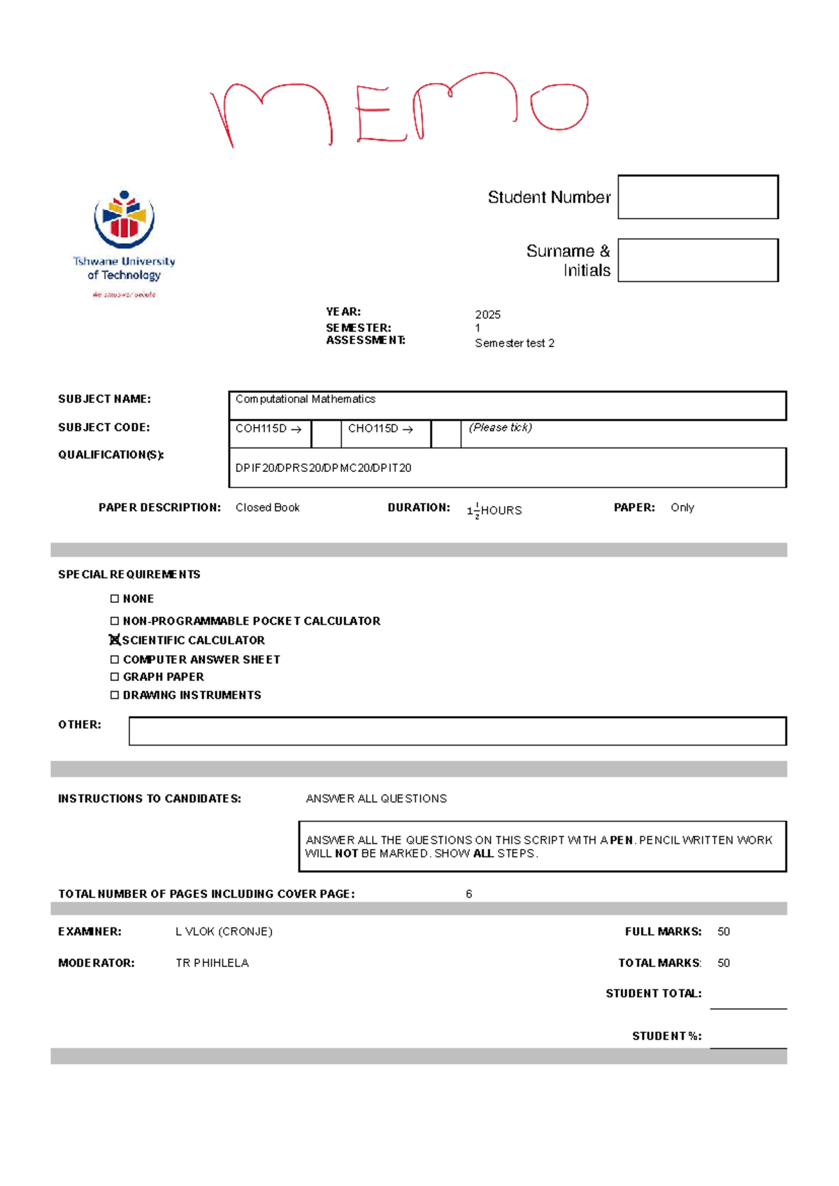 COH115D CHO115D Semester Test 2 Memo - Computational Mathematics - Studocu