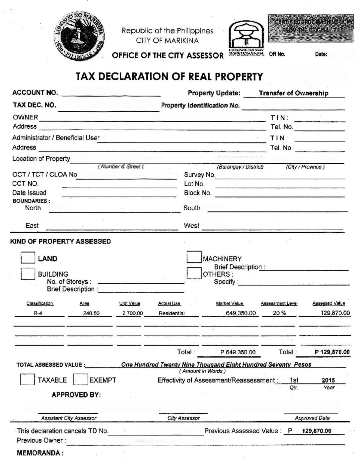 Tax Declaration Sample for Land Improvement - RE Group PH 2 - Studocu