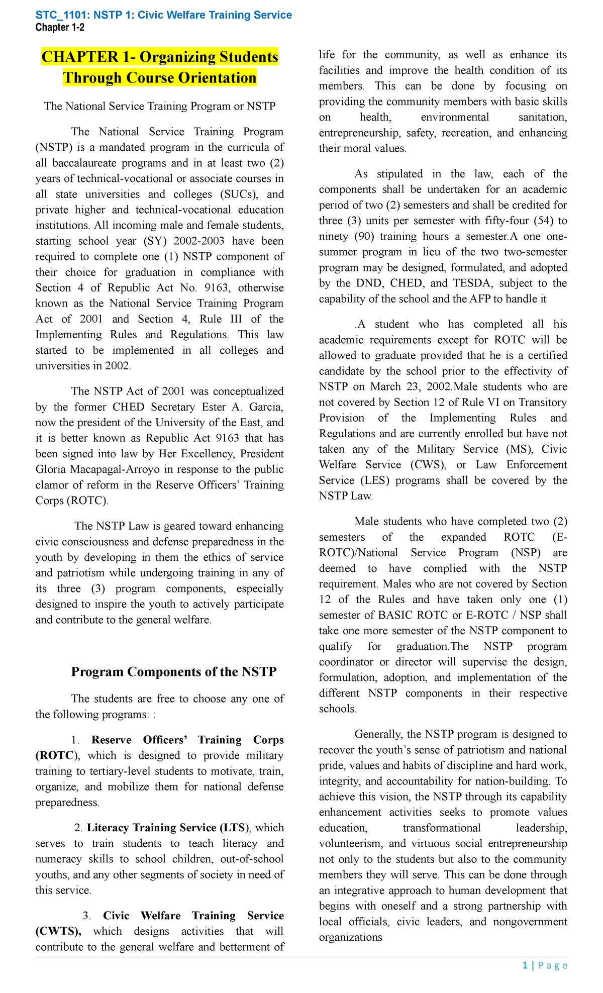 National Service Training Program Chapter 1-2 - STC_1101: NSTP 1: Civic ...