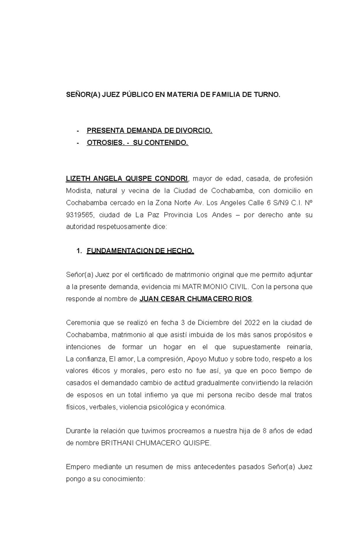 Demanda de Divorcio - Lizeth Angela Quispe Condori - Studocu