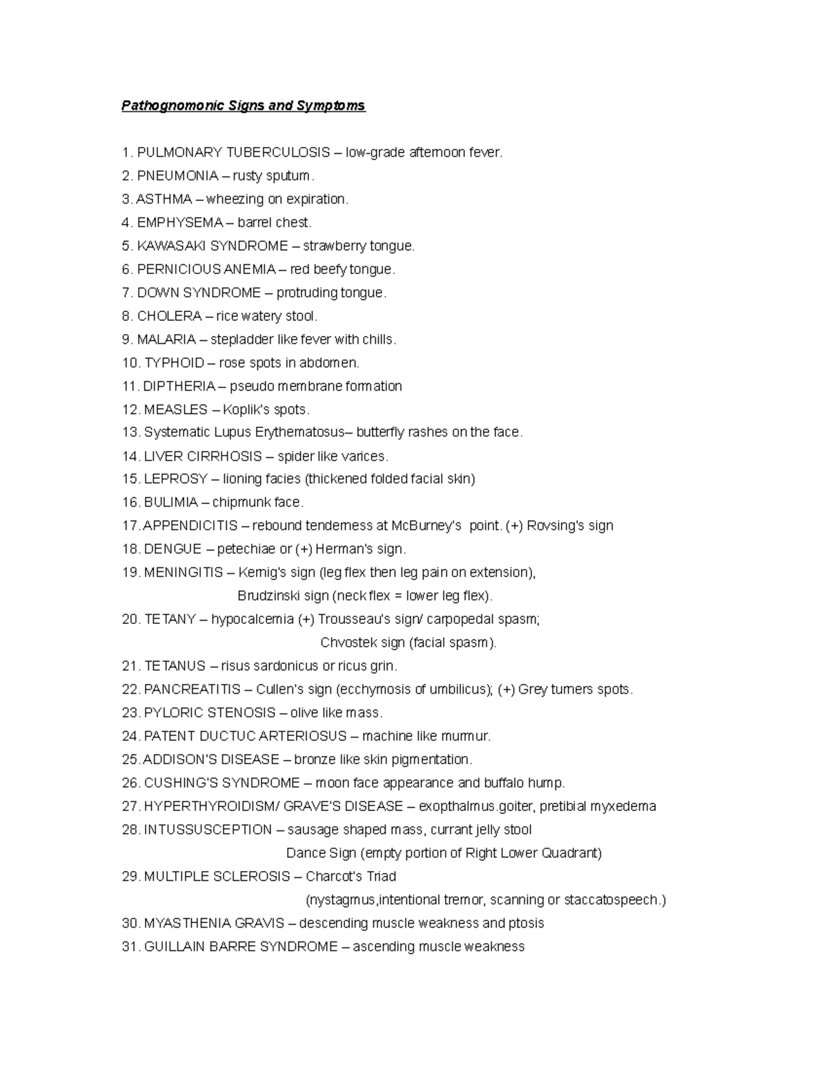 List of Pathognomonic Signs and Symptoms - Theoretical Foundation of ...