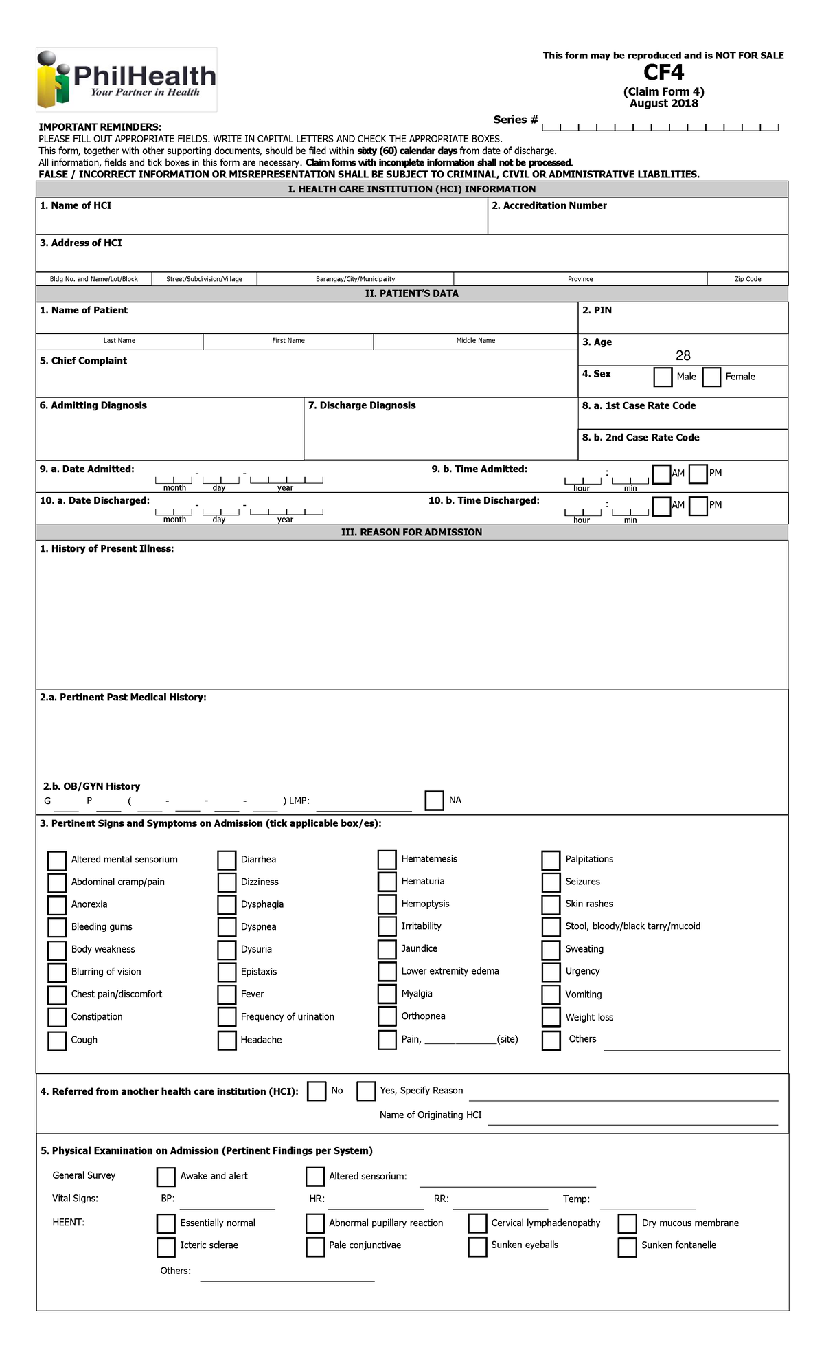 PhilHealth Claim Form 4 CF4 - Important Instructions & Patient Data ...