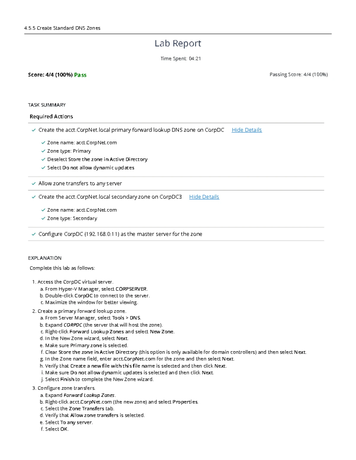 4.5.7 Create Cname Records - Passing Score: 3/3 (100%) 4.5 Create CNAME Records Lab Report Time ...