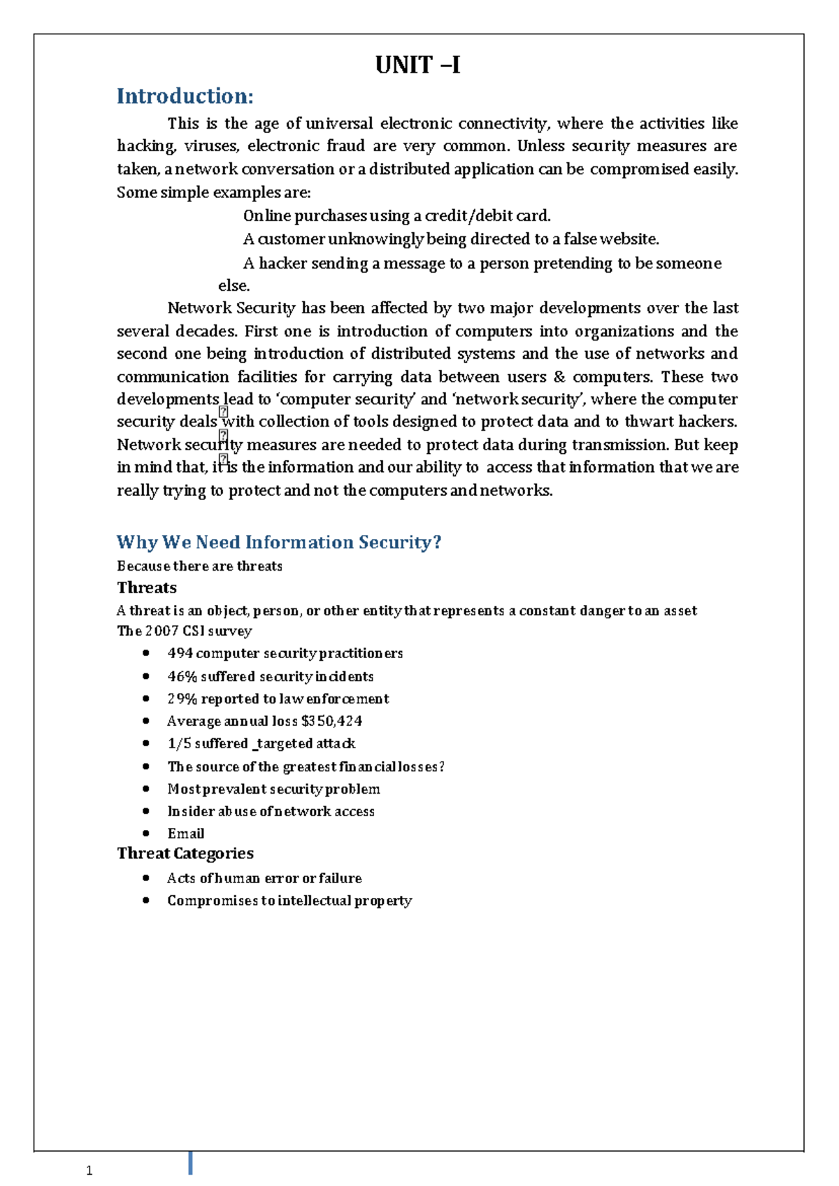 NSC Unit 1: Introduction to Network Security Concepts - Studocu