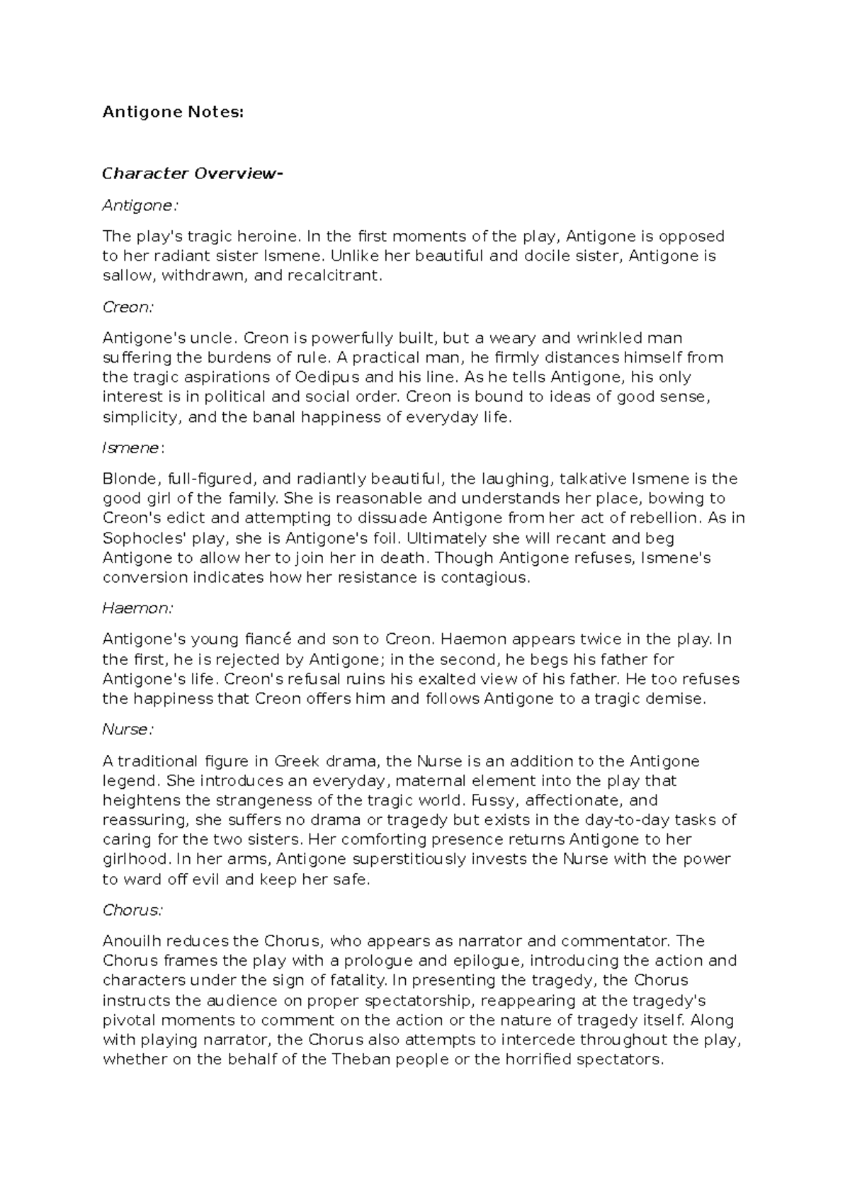Antigone Plot and Character Overview - Antigone Notes: Character ...