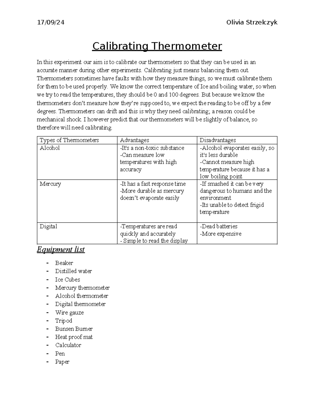 Unit 2B Distinction Assignment: Calibrating Thermometers & Observing ...