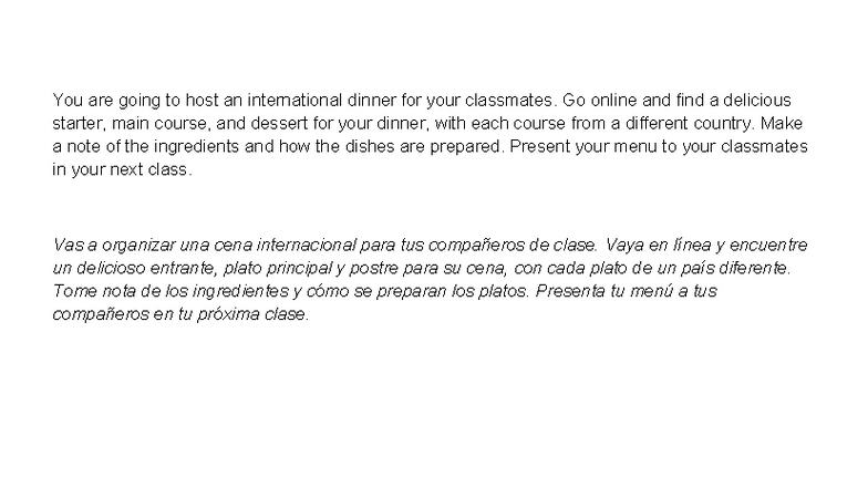 International Dinner Menu: Starters, Main Course & Dessert - Studocu