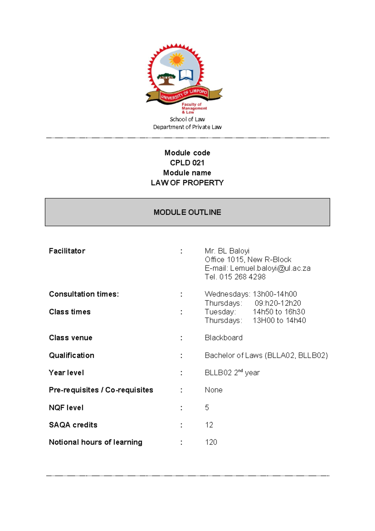 CPLD 021: Law of Property Module Outline and Class Information - Studocu