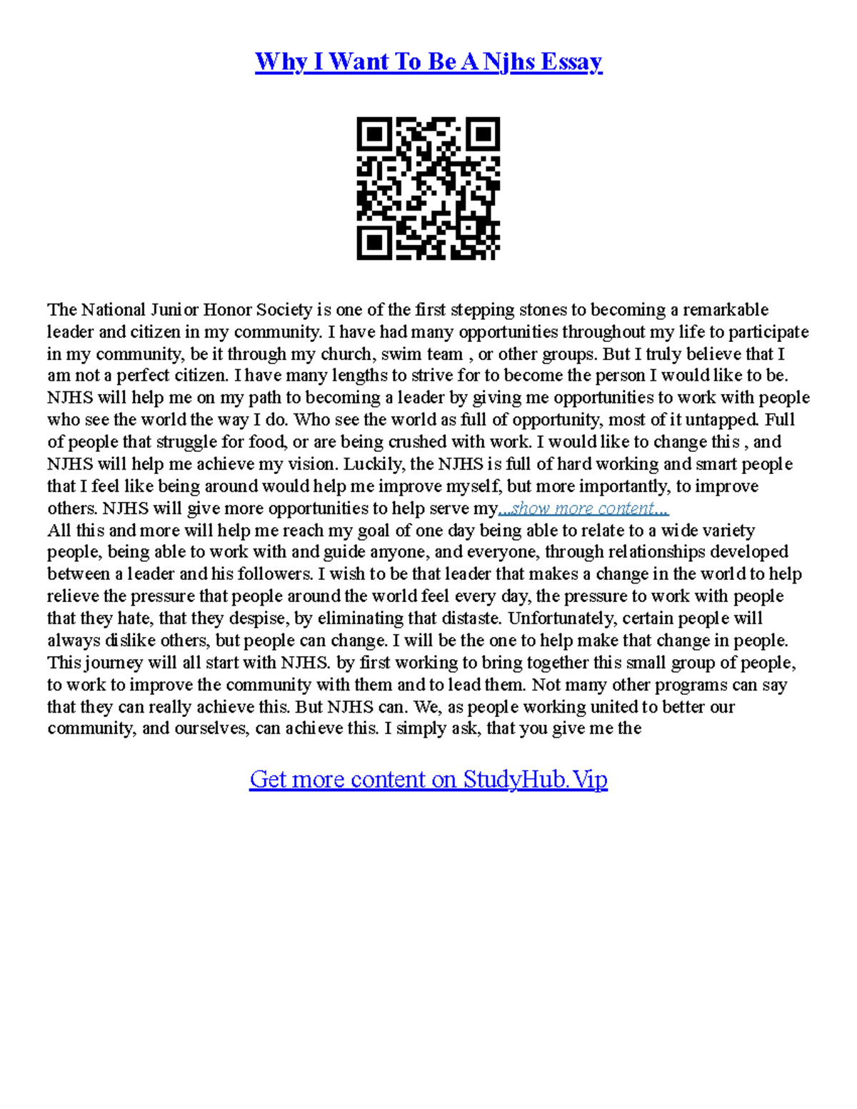 NJHS Essay: My Aspiration to Join National Junior Honor Society - Studocu