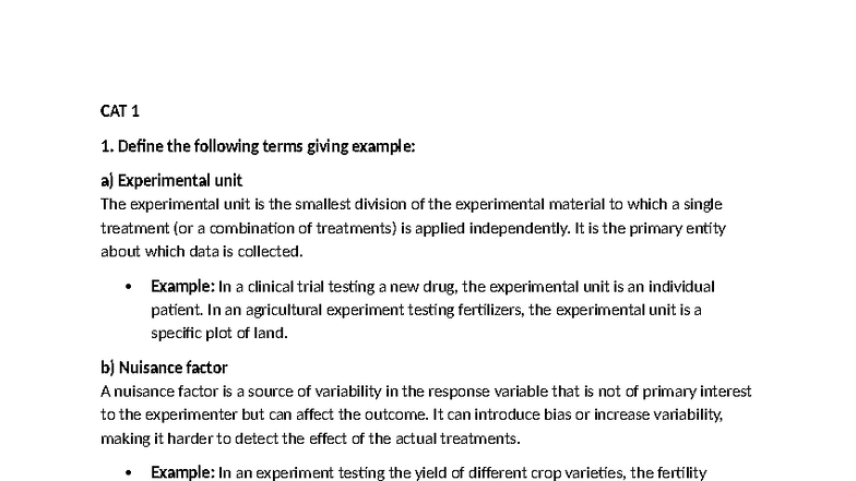 Design CAT 1: Experimental Units, Nuisance Factors, and ANOVA Analysis ...