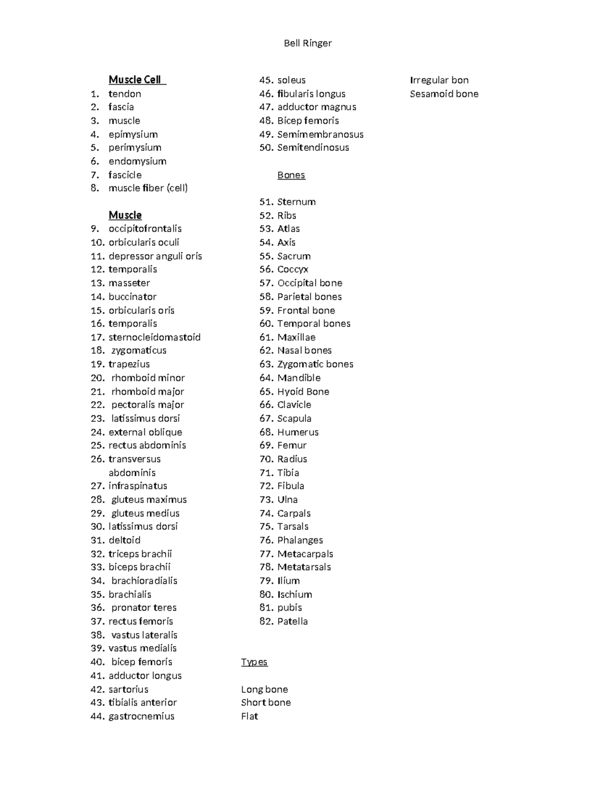 Muscle and Bone Terminology List - Bell Ringer Fall 2024 - Studocu