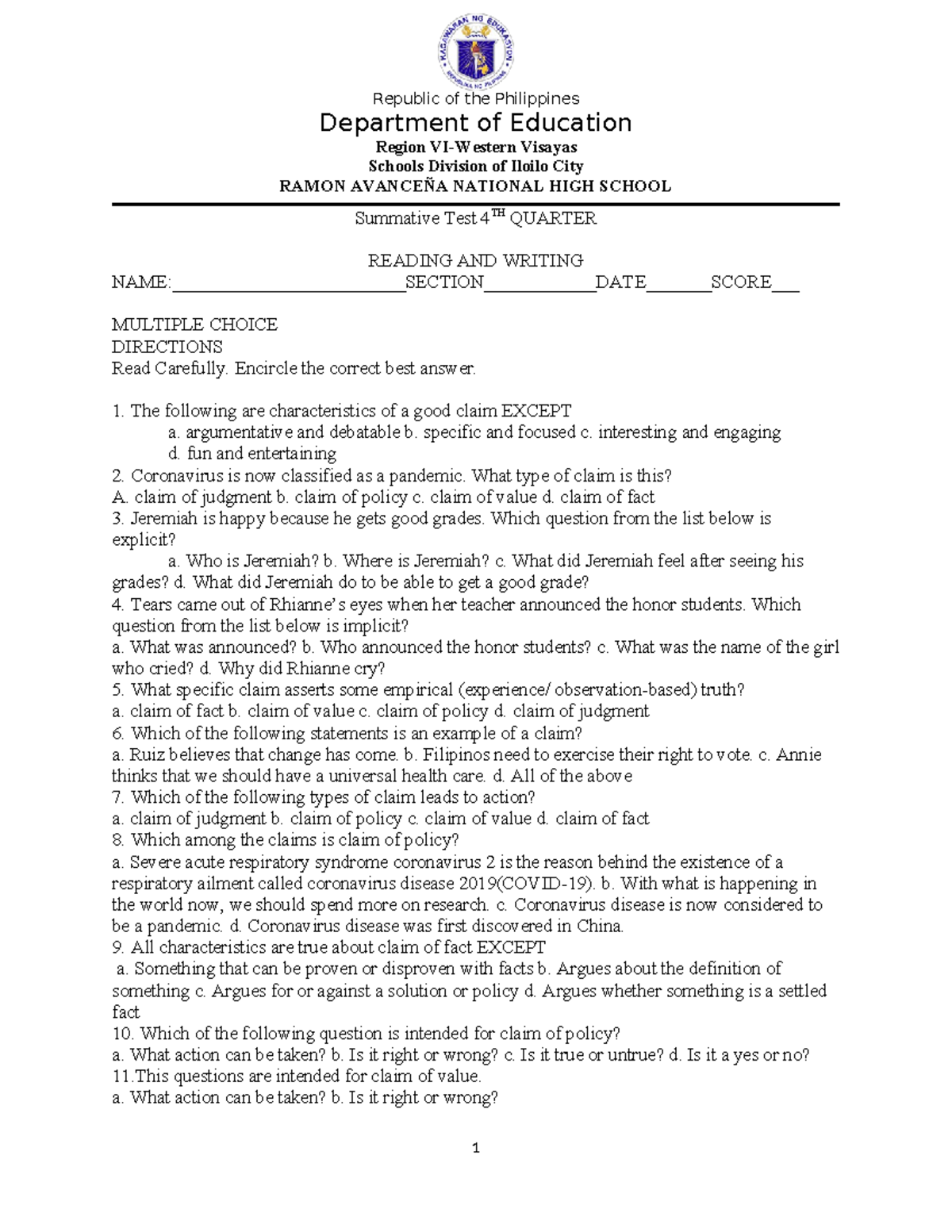 4TH Quarter Summative Test in Reading and Writing (Grade 10) - Studocu