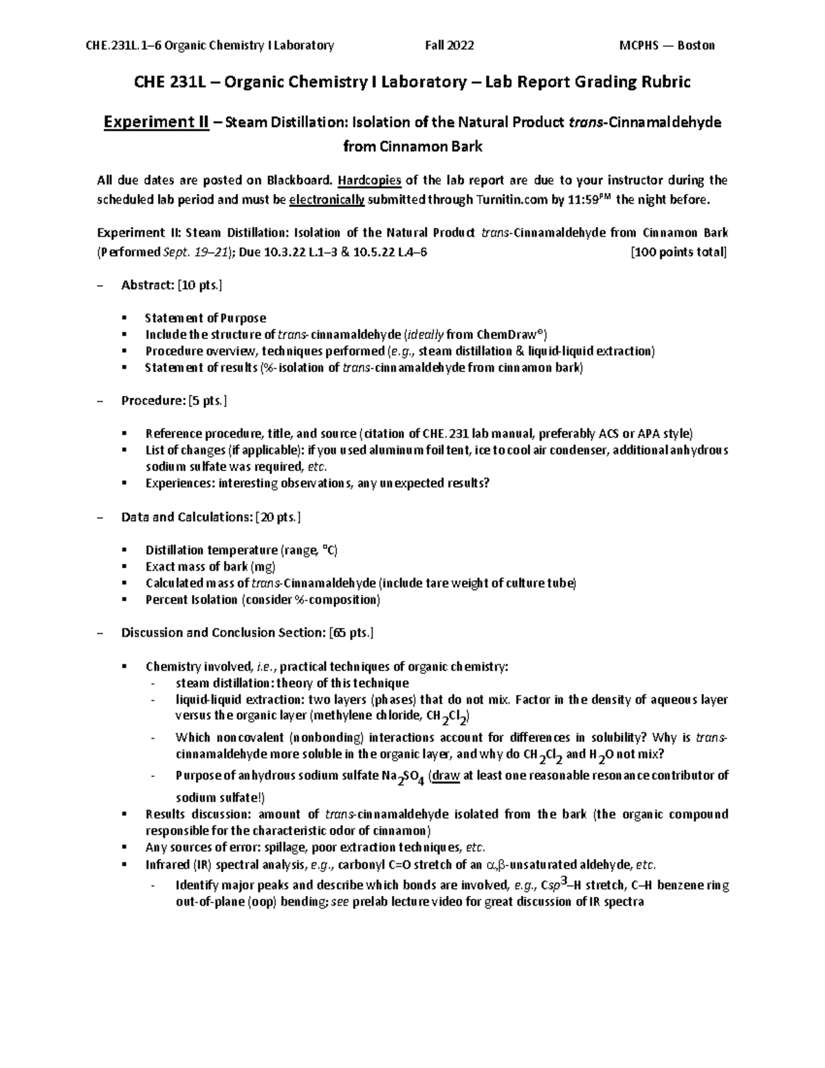 CHE.231L.1–6 – Experiment II - Steam Distillation Lab Report Grading ...