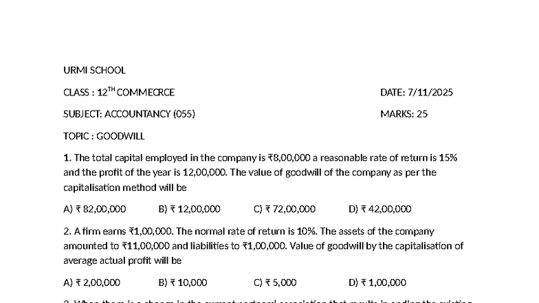 Revision Test-2: Goodwill for Accountancy (055) Class 12 - Studocu