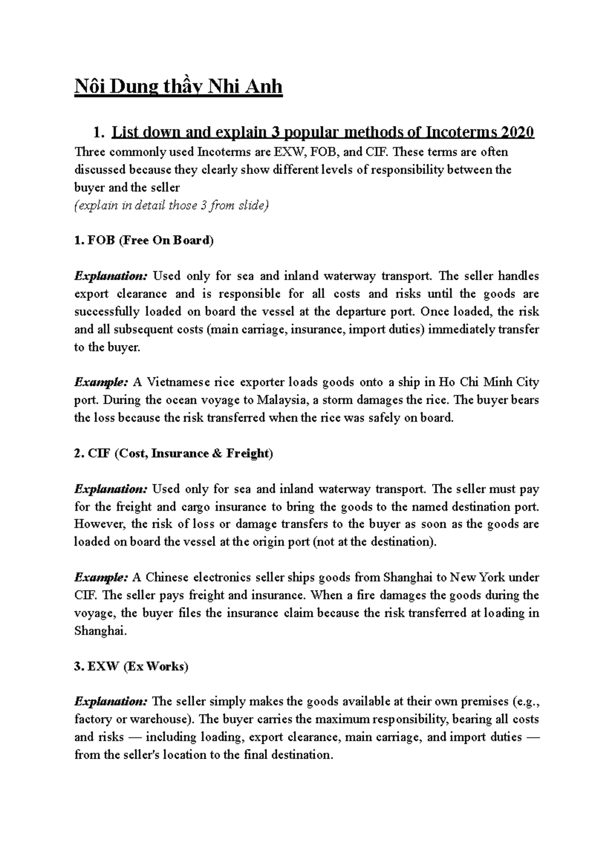 Imex Final Exam: Understanding Popular Incoterms 2020 Methods - Studocu