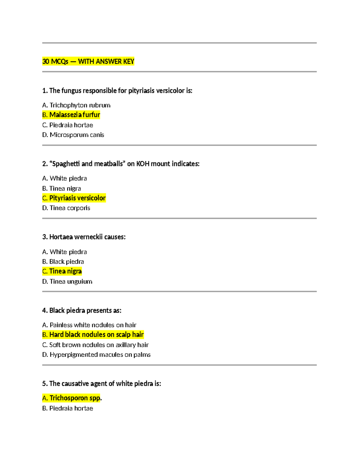30 MCQs on Mycology with Answer Key for P1 Mycoviro Course - Studocu