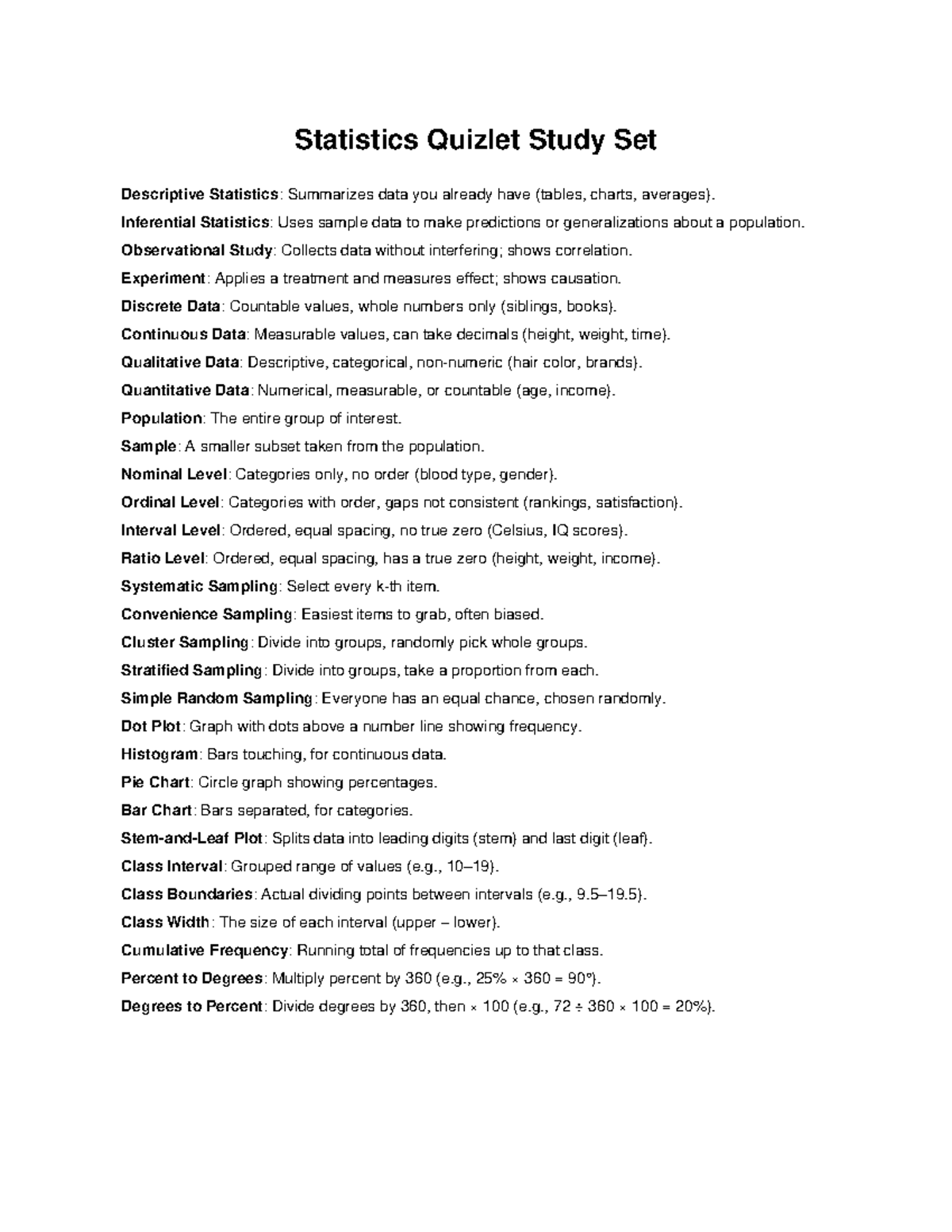 Statistics Quizlet Study Set: Key Concepts & Definitions - Studocu