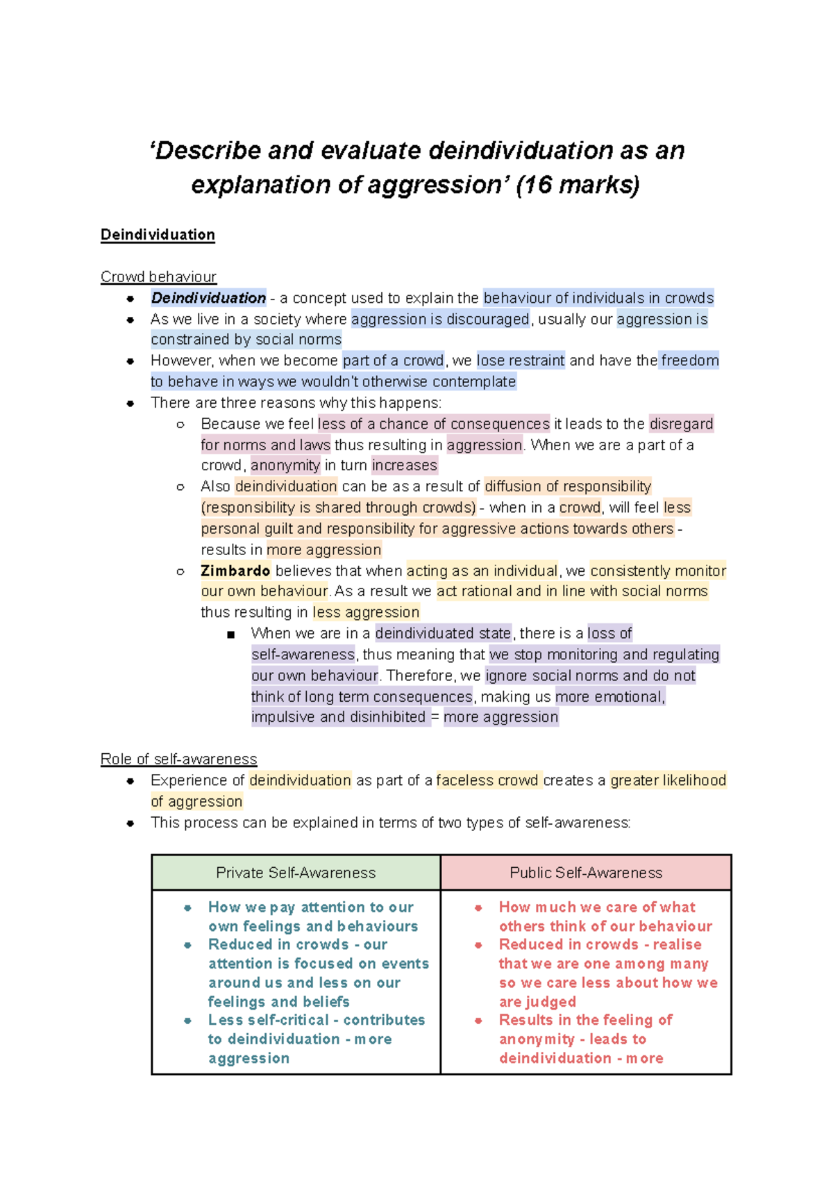 Deindividuation: Evaluating Its Role in Aggression (16 Marks) - Studocu