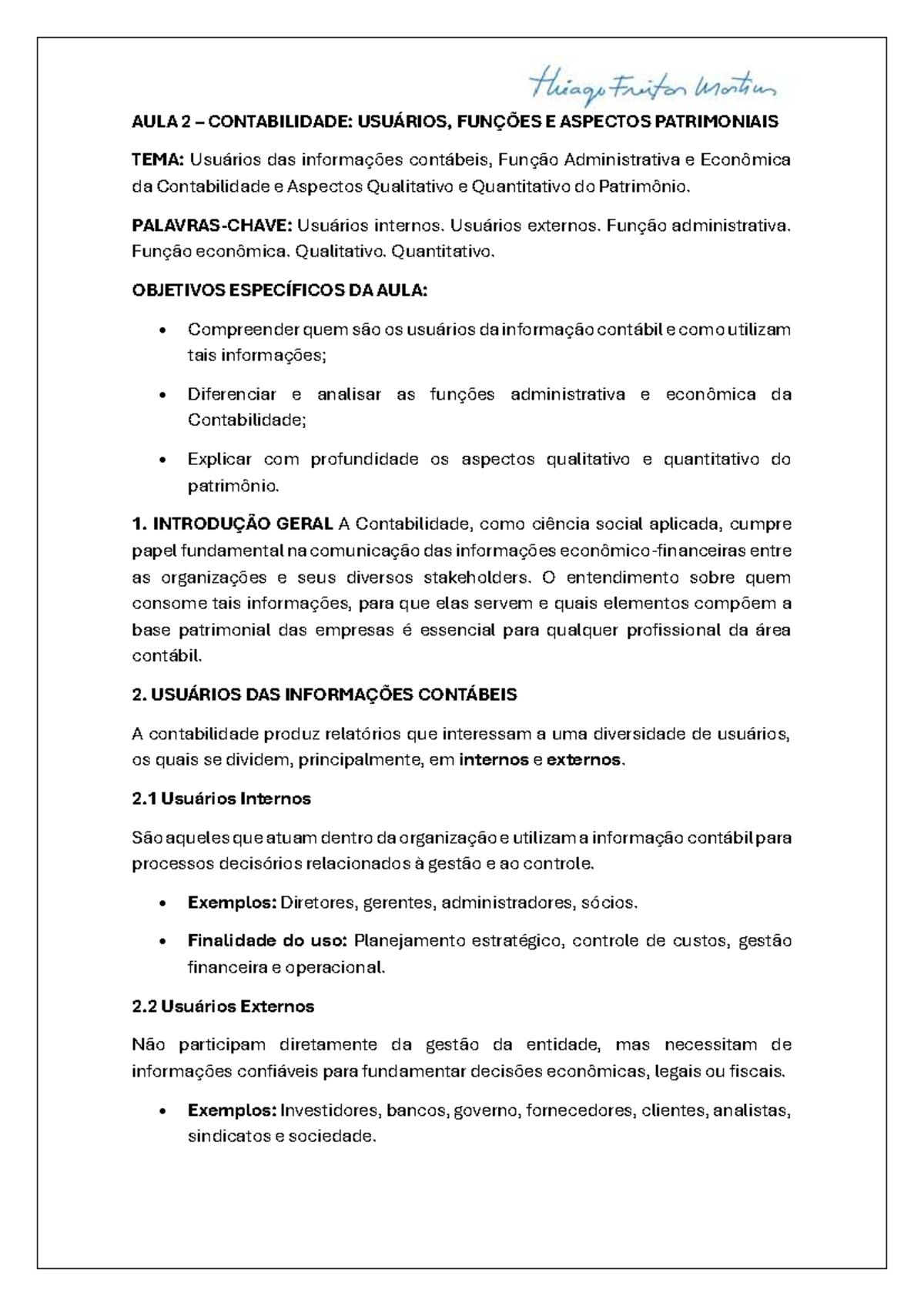 AULA 2 - CONTABILIDADE: Usuários, Funções e Aspectos Patrimoniais - Studocu