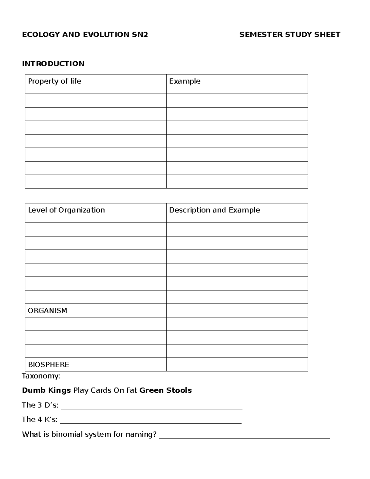ECOLOGY AND EVOLUTION SN2 SEMESTER STUDY SHEET OVERVIEW - Studocu