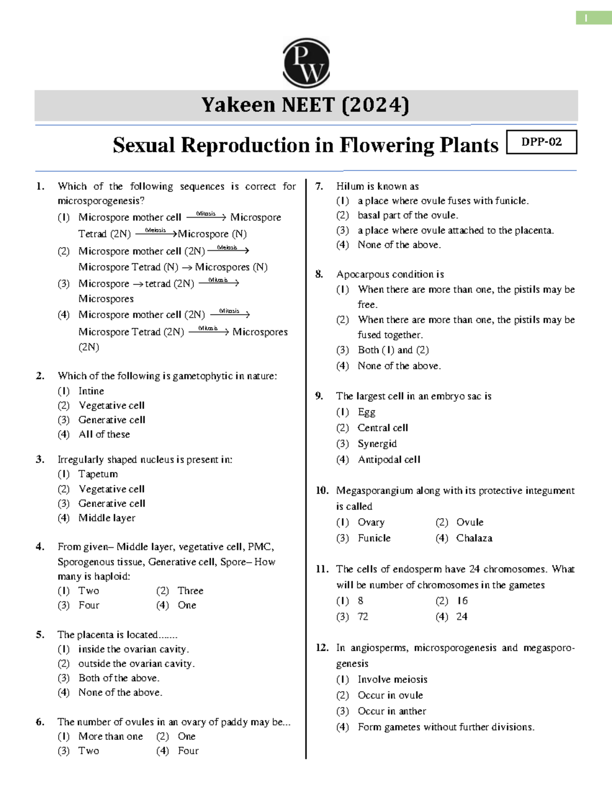 1 Yakeen NEET (2024) Sexual Reproduction in Flowering Plants Study ...