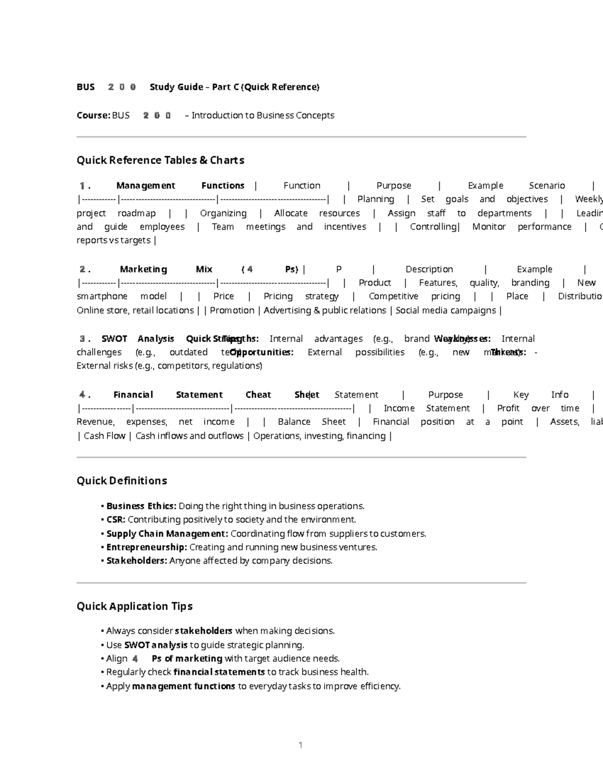 BUS 200 Study Guide: Quick Reference for Business Concepts - Studocu
