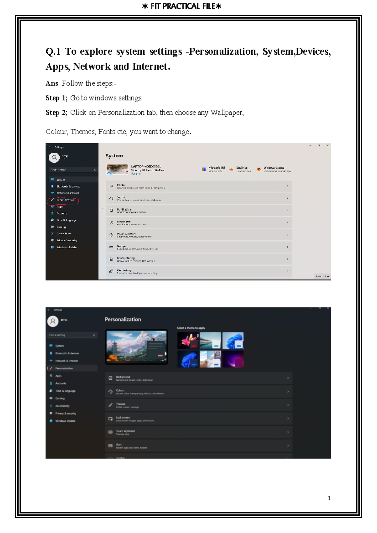 Practical File for Fit: System Settings & Computer Basics Guide - Studocu