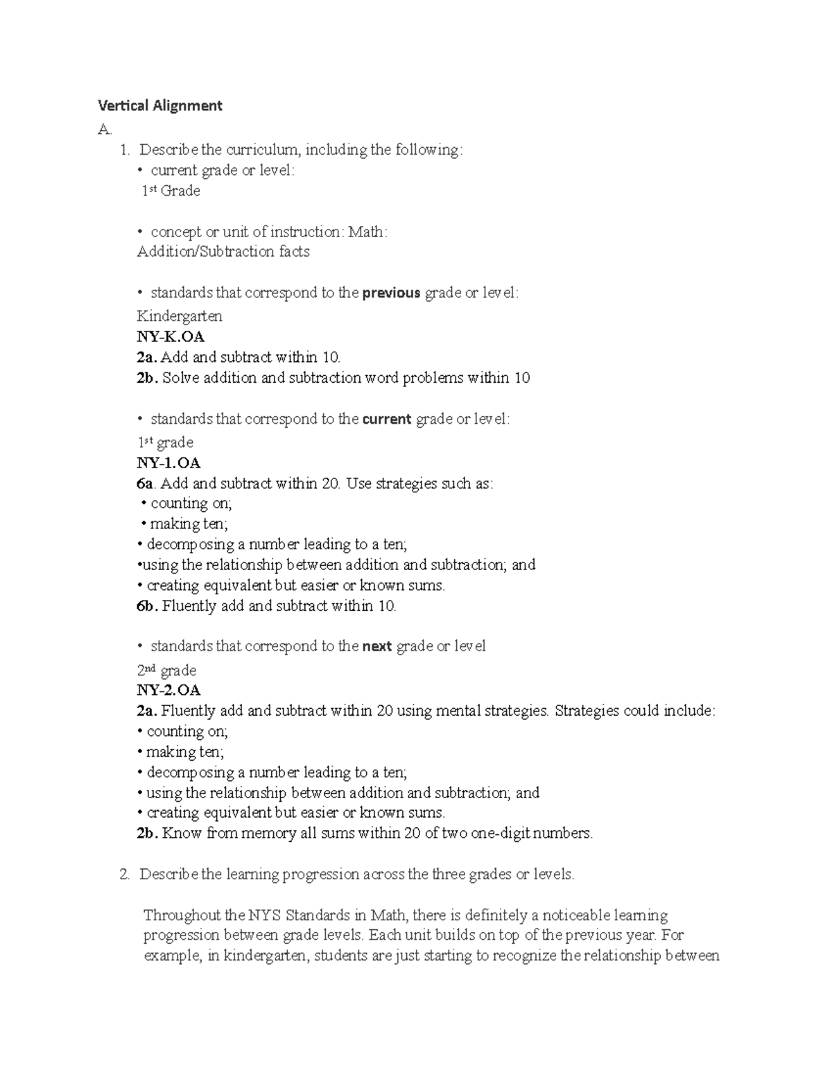 GGN1 Task 3 - Curriculum Vertical Alignment in Math for 1st Grade - Studocu