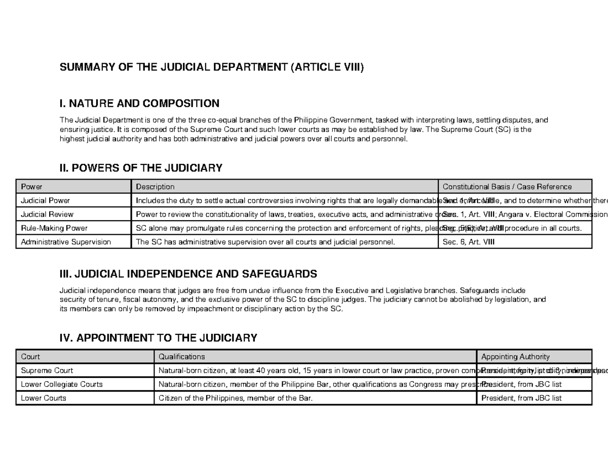 Judicial Department Overview: Powers, Structure & Independence - Studocu