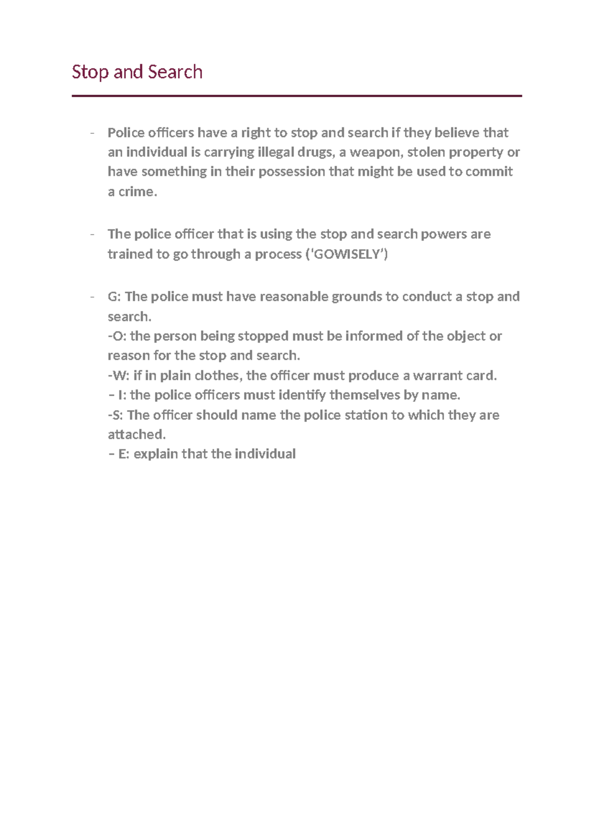Stop and Search- Notes - Stop and Search - Police officers have a right ...