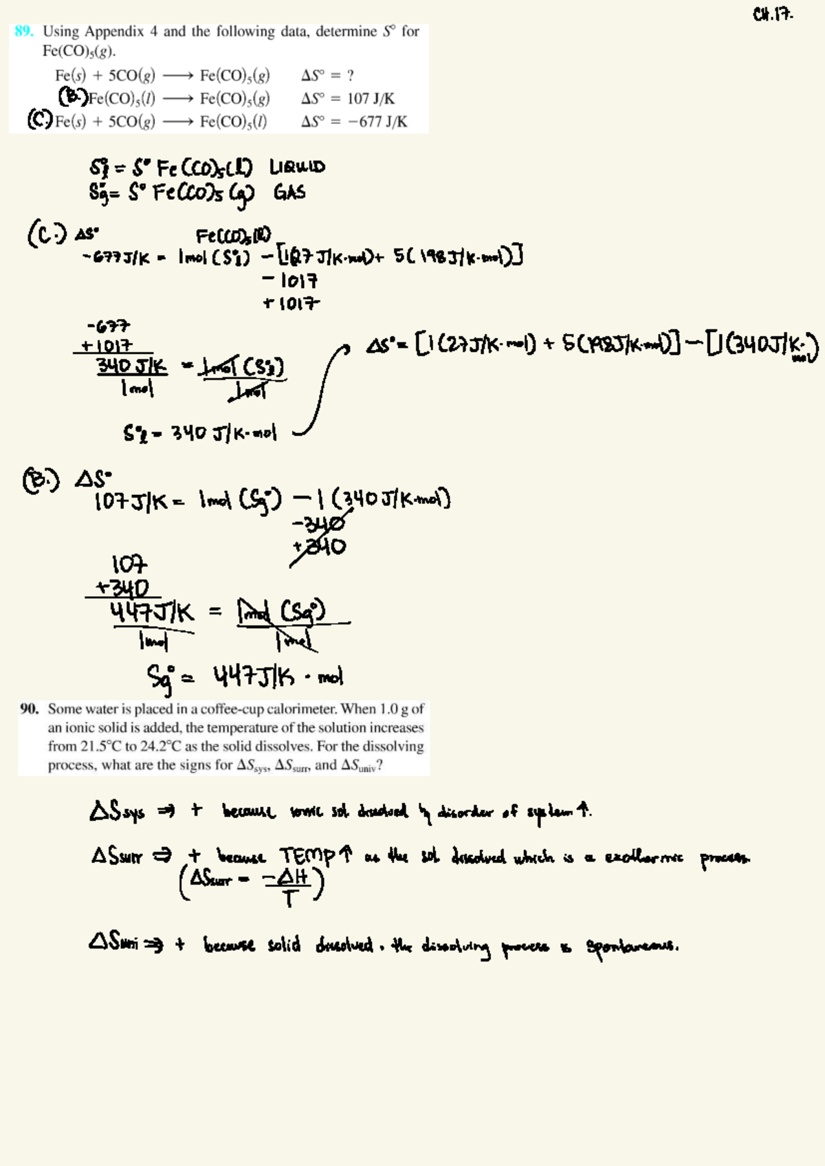 Calculate S - Calculating entropy (S) - ####### CH . 17. (B) (C) Si = So Fe(CO)s(I) LIQUID Si ...