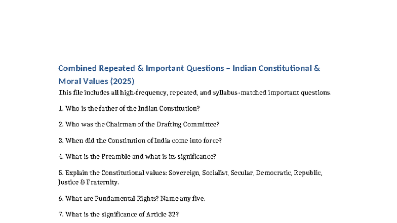 Combined Important Questions on Indian Constitutional Moral Values CMV1 ...