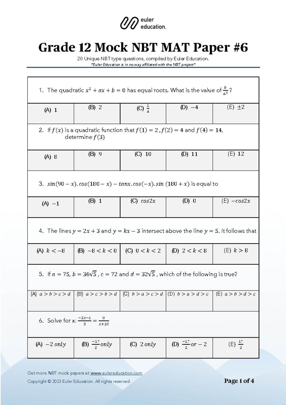 NBT Math Mock Paper 6: 20 Unique Practice Questions - Studocu