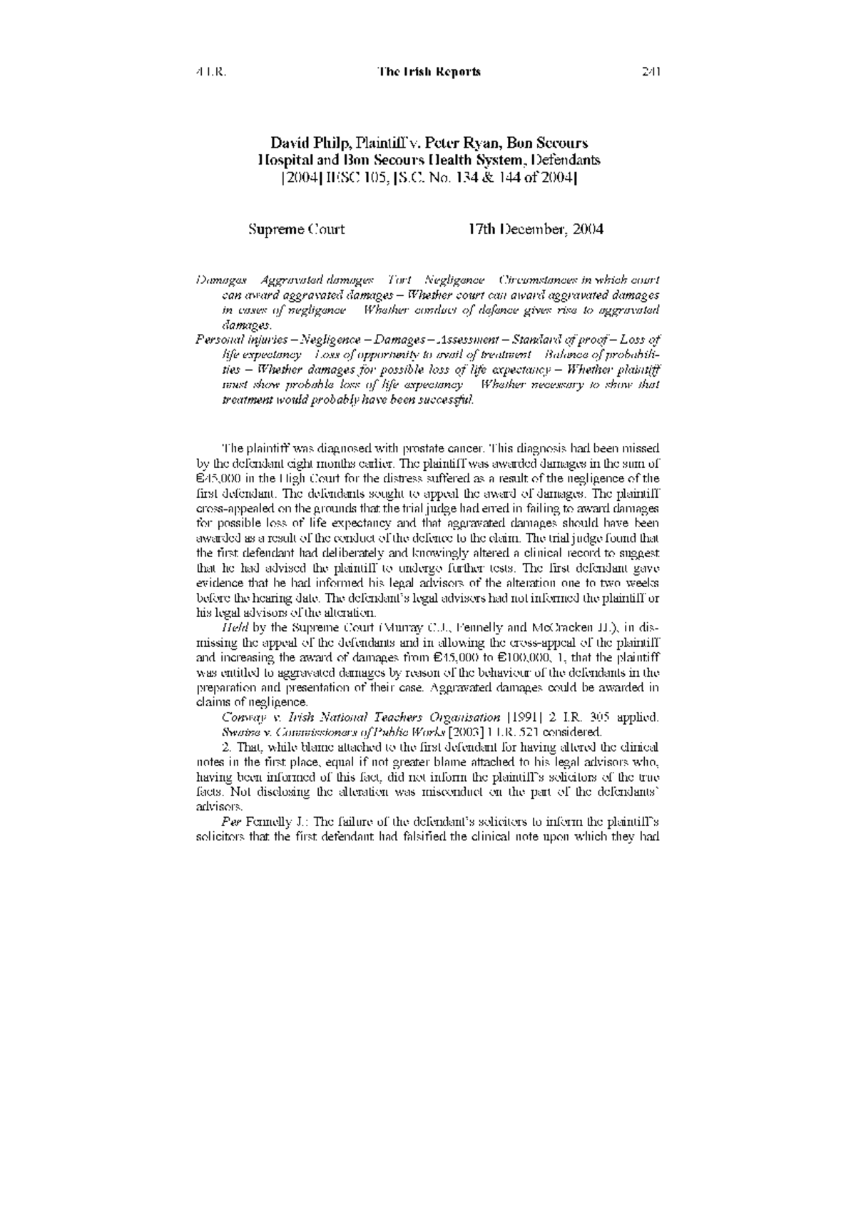 Philp v. Ryan [2004] IESC 105: Aggravated Damages in Negligence Case ...