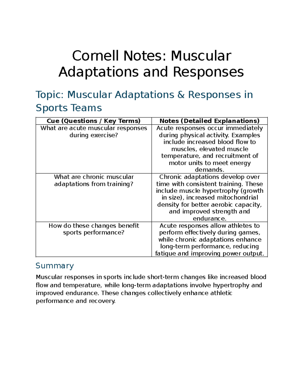 Cornell Notes: Muscular Adaptations & Responses in Sports Teams - Studocu