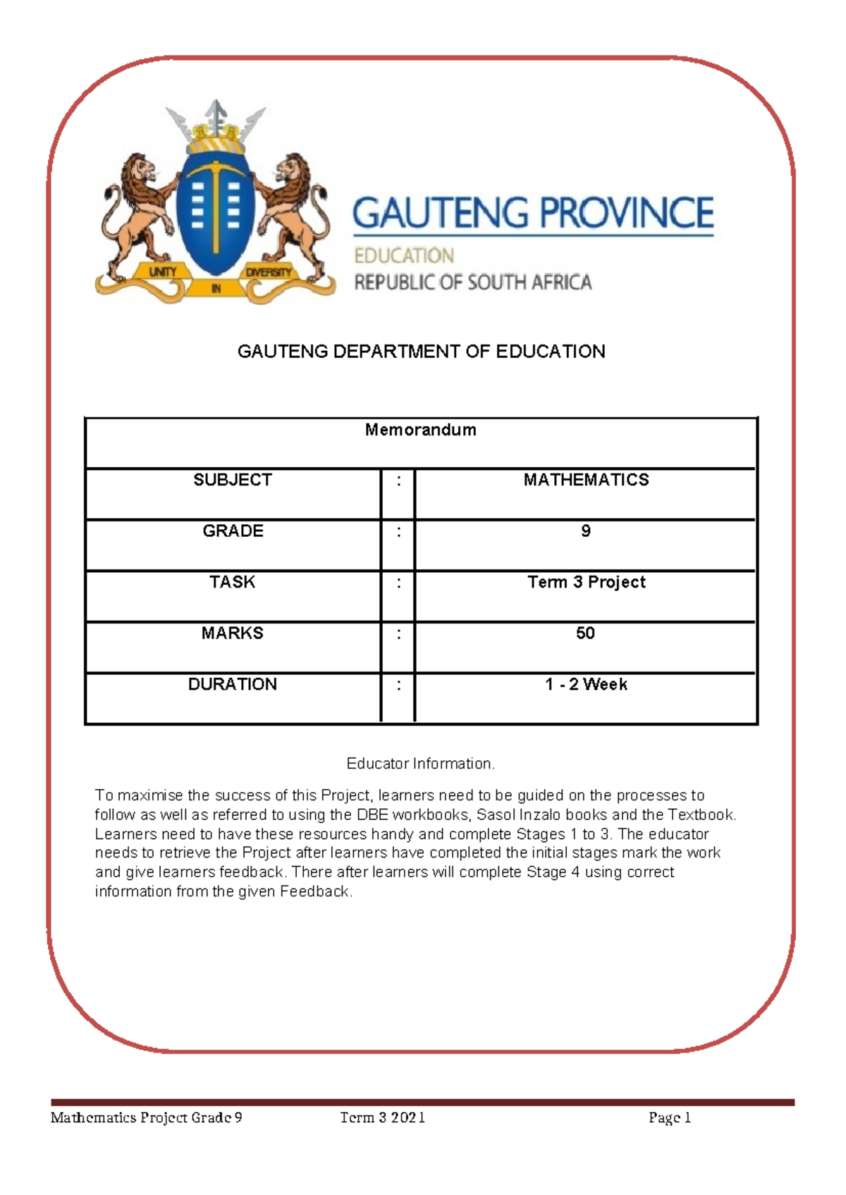 Grade 9 Mathematics Term 3 Project Memorandum Guide - Studocu