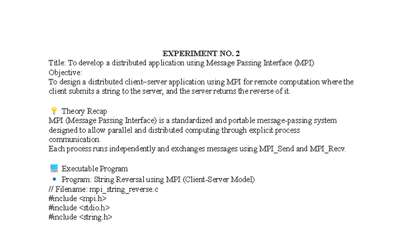 Experiment No. 2: Developing a Distributed App with MPI - Studocu