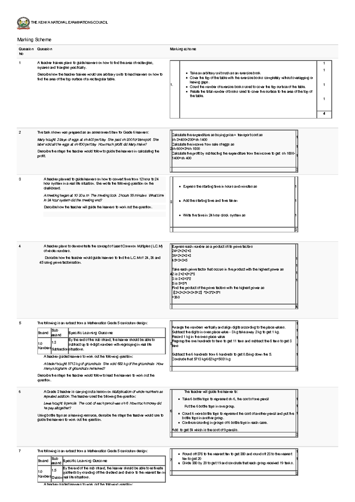 SBA Maths M S-1: Marking Scheme for Grade 6 Assessments - Studocu