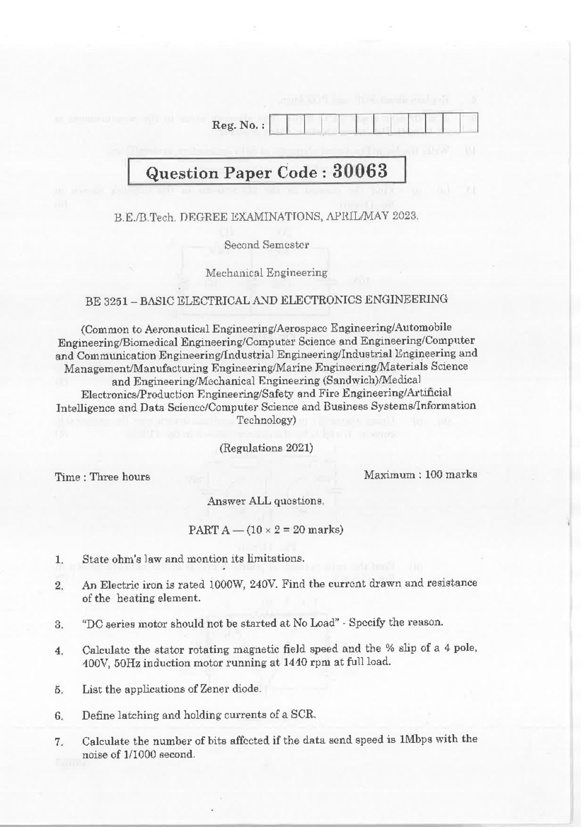 BE 3251 Basic Electrical and Electronics Engineering - Question Paper ...