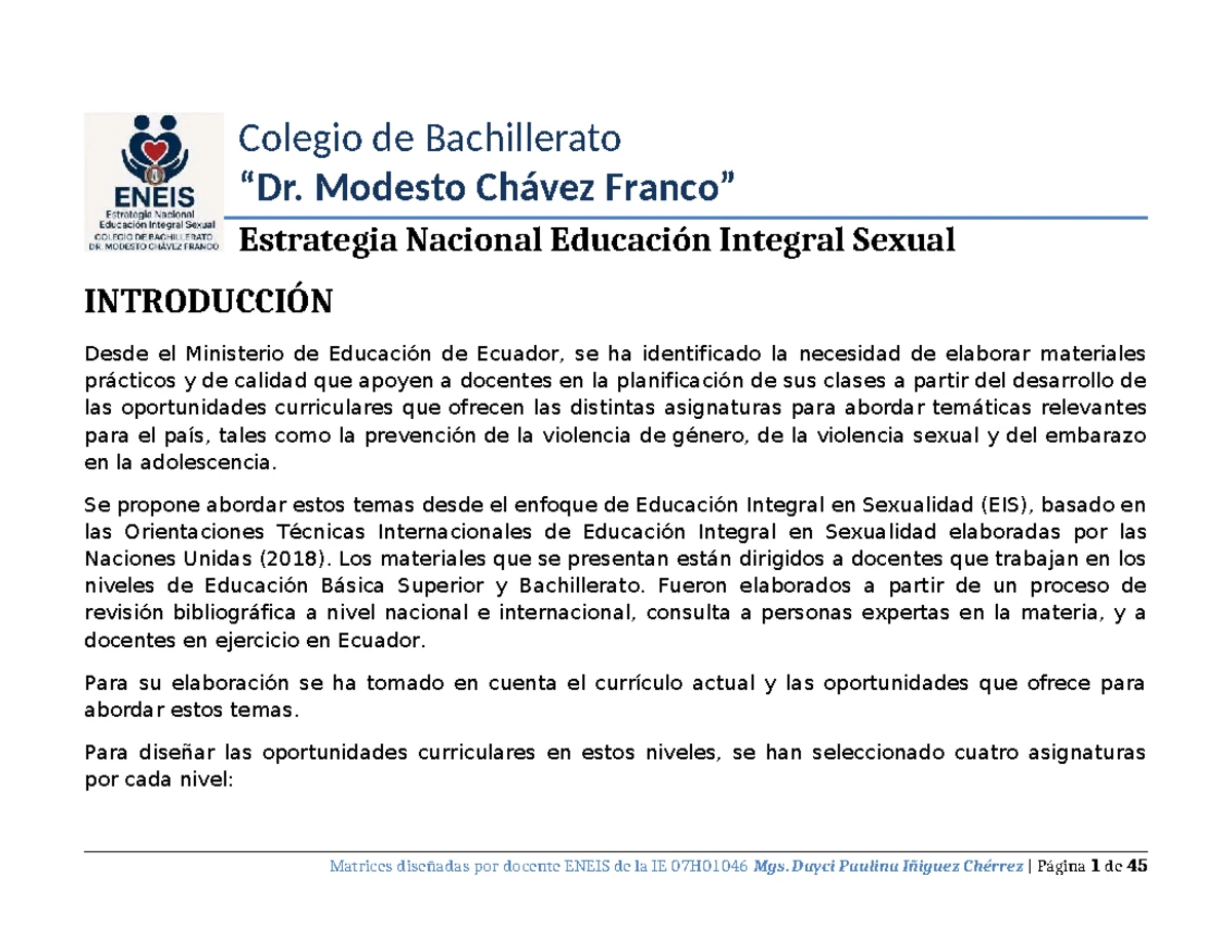 Matrices DCD ENEIS: Educación Integral en Sexualidad para Básica y ...